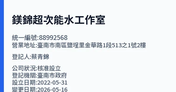 鎂錦超次能水工作室的照片-統編 88992568(臺南市) 公司登記資料與營業項目詳細圖表