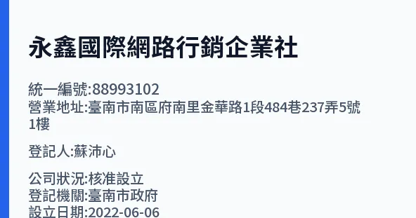 永鑫國際網路行銷企業社的照片-統編 88993102(臺南市) 公司登記資料與營業項目詳細圖表