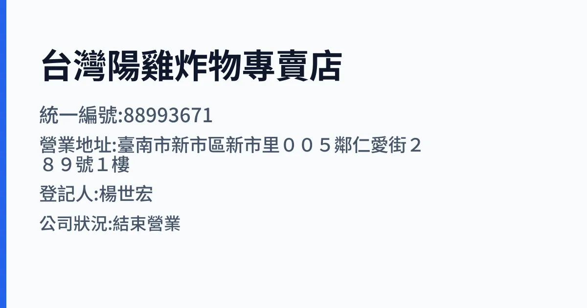 台灣陽雞炸物專賣店 - 統編 88993671(臺南市) 公司登記資料與營業項目詳細圖表