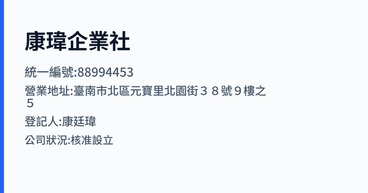 康瑋企業社 - 統編 88994453(臺南市) 公司登記資料與營業項目詳細圖表