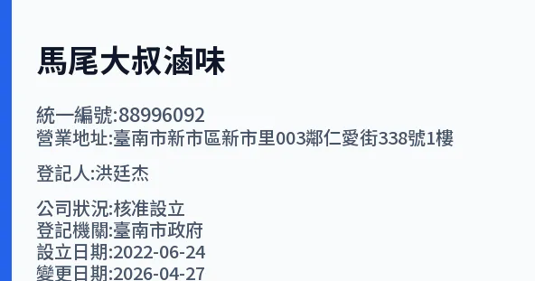 馬尾大叔滷味的照片-統編 88996092(臺南市) 公司登記資料與營業項目詳細圖表