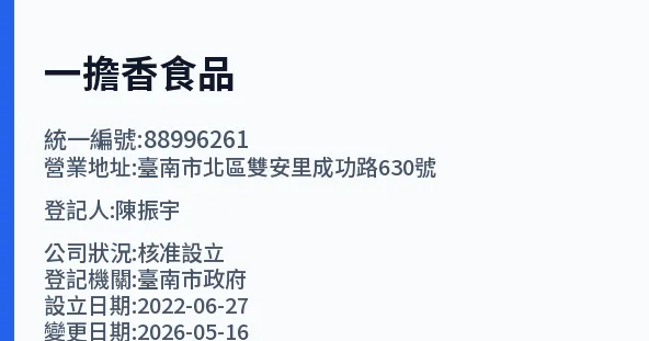 一擔香食品的照片-統編 88996261(臺南市) 公司登記資料與營業項目詳細圖表