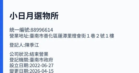 小日月選物所的照片-統編 88996614(臺南市) 公司登記資料與營業項目詳細圖表
