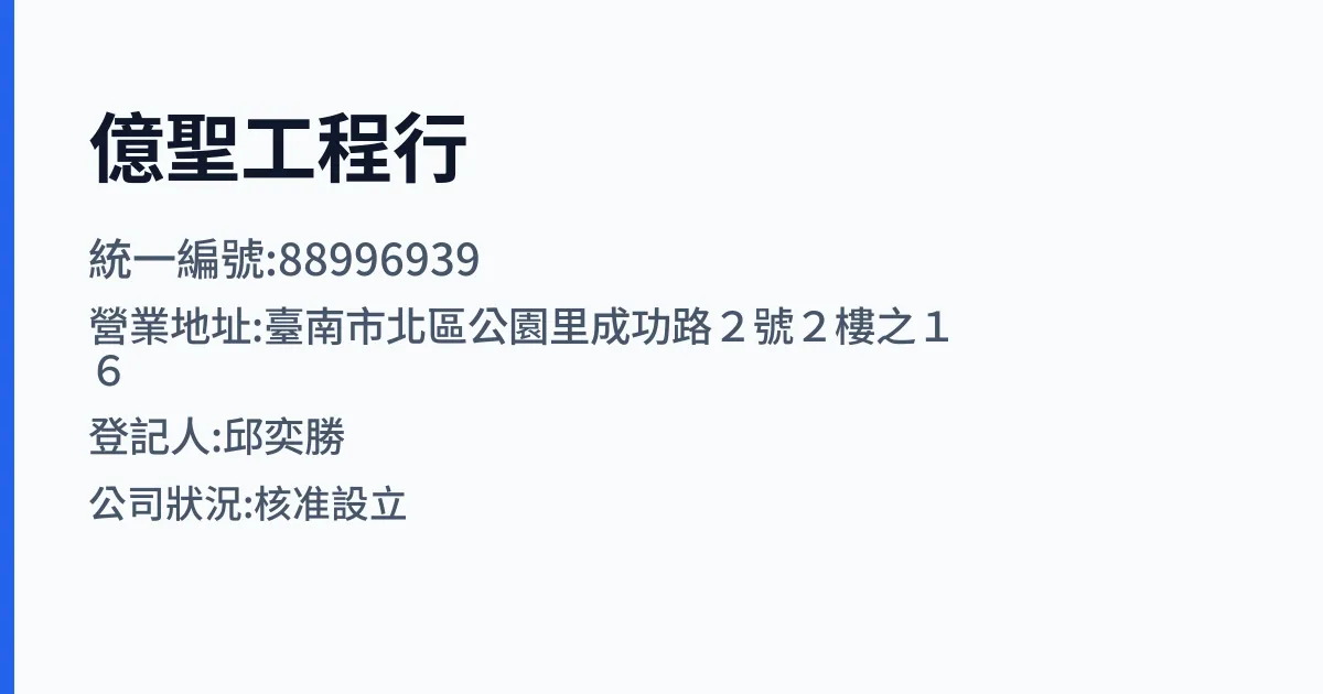 億聖工程行 - 統編 88996939(臺南市) 公司登記資料與營業項目詳細圖表
