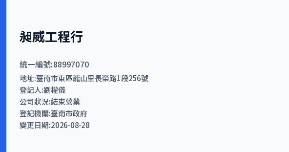 昶威工程行的照片-統編 88997070(臺南市) 公司登記資料與營業項目詳細圖表