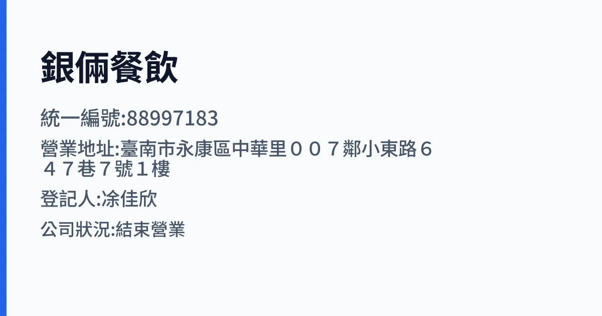 銀倆餐飲 - 統編 88997183(臺南市) 公司登記資料與營業項目詳細圖表