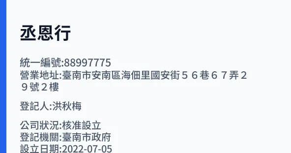 丞恩行的照片-統編 88997775(臺南市) 公司登記資料與營業項目詳細圖表