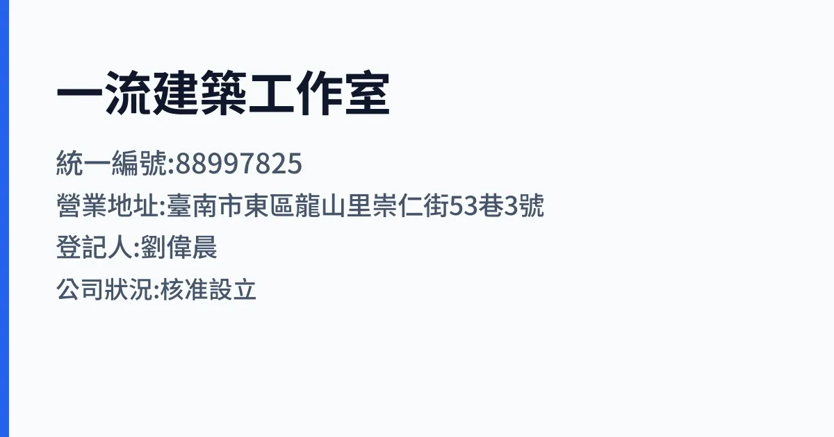 一流建築工作室 - 統編 88997825(臺南市) 公司登記資料與營業項目詳細圖表