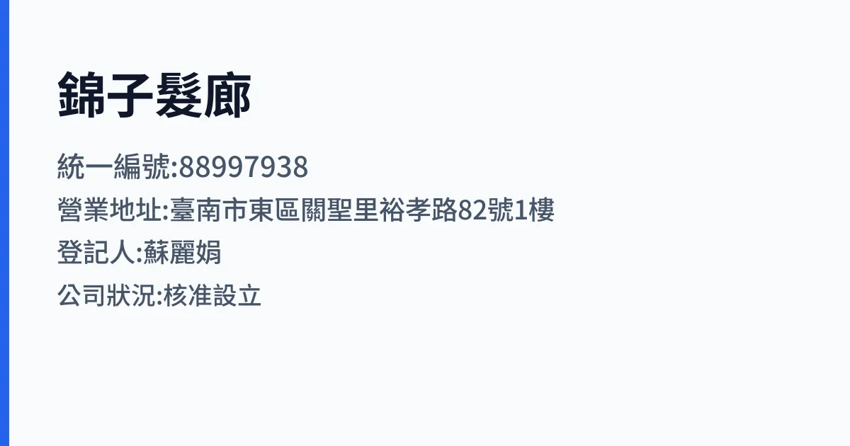 錦子髮廊 - 統編 88997938(臺南市) 公司登記資料與營業項目詳細圖表