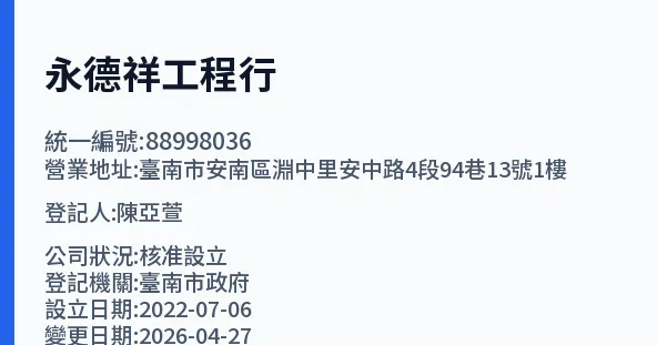 永德祥工程行的照片-統編 88998036(臺南市) 公司登記資料與營業項目詳細圖表
