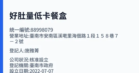 好肚量低卡餐盒的照片-統編 88998079(臺南市) 公司登記資料與營業項目詳細圖表