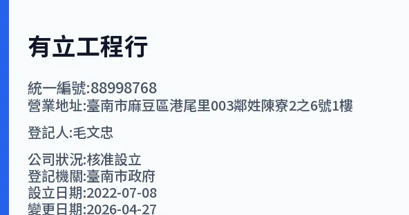 有立工程行的照片-統編 88998768(臺南市) 公司登記資料與營業項目詳細圖表