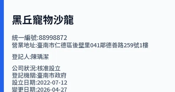 黑丘寵物沙龍的照片-統編 88998872(臺南市) 公司登記資料與營業項目詳細圖表