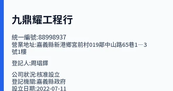 九鼎耀工程行的照片-統編 88998937(嘉義縣) 公司登記資料與營業項目詳細圖表