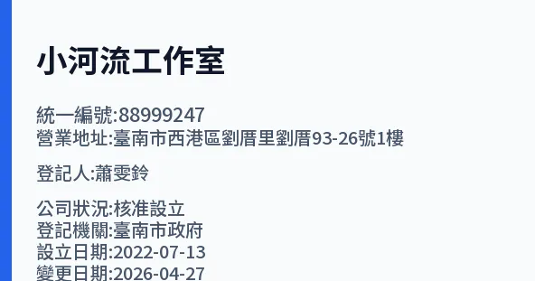 小河流工作室的照片-統編 88999247(臺南市) 公司登記資料與營業項目詳細圖表