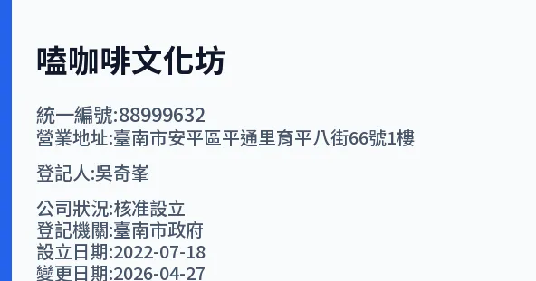 嗑咖啡文化坊的照片-統編 88999632(臺南市) 公司登記資料與營業項目詳細圖表