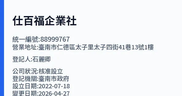 仕百福企業社的照片-統編 88999767(臺南市) 公司登記資料與營業項目詳細圖表