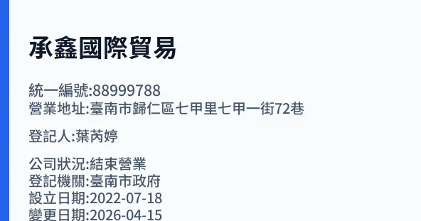 承鑫國際貿易的照片-統編 88999788(臺南市) 公司登記資料與營業項目詳細圖表