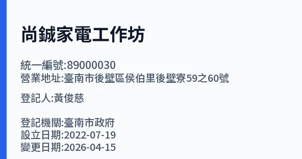 尚鋮家電工作坊的照片-統編 89000030(臺南市) 公司登記資料與營業項目詳細圖表