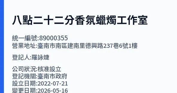 八點二十二分香氛蠟燭工作室的照片-統編 89000355(臺南市) 公司登記資料與營業項目詳細圖表