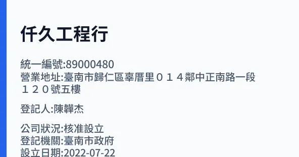 仟久工程行的照片-統編 89000480(臺南市) 公司登記資料與營業項目詳細圖表