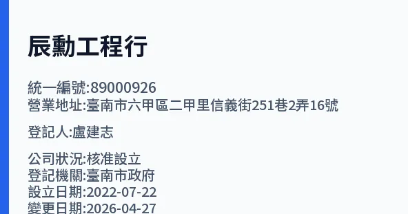 辰勳工程行的照片-統編 89000926(臺南市) 公司登記資料與營業項目詳細圖表