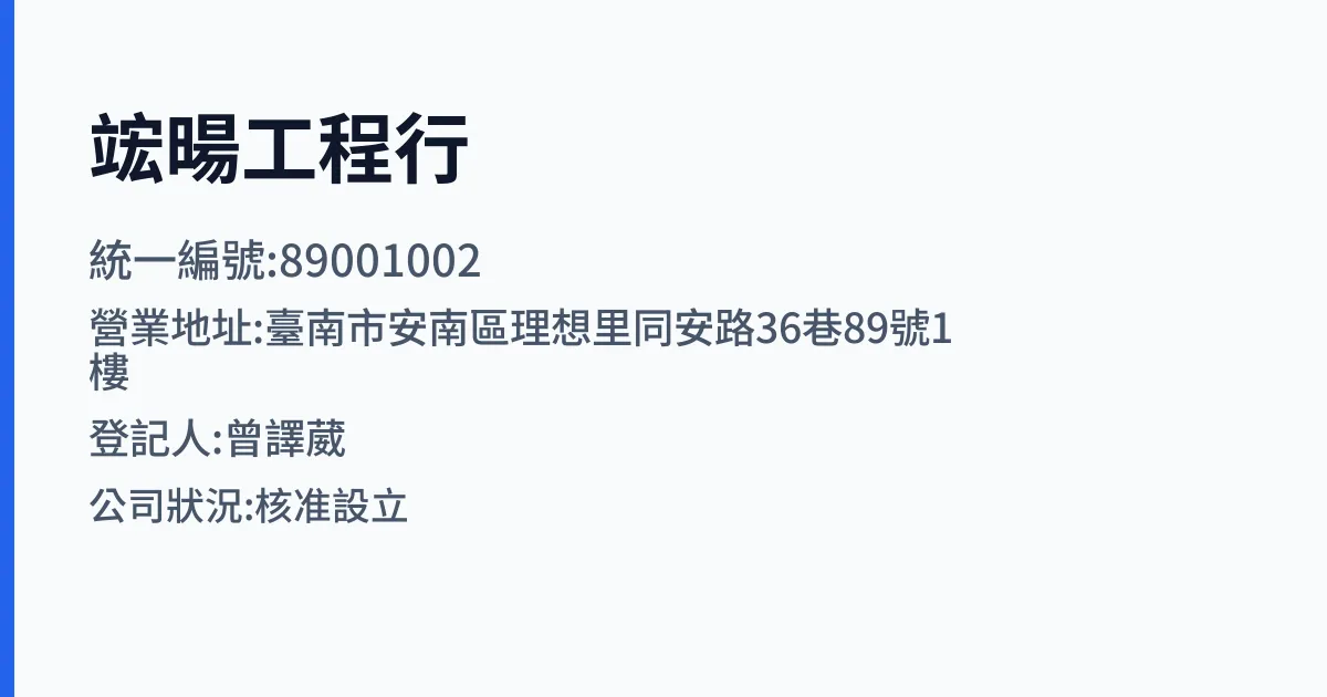 竤暘工程行 - 統編 89001002(臺南市) 公司登記資料與營業項目詳細圖表