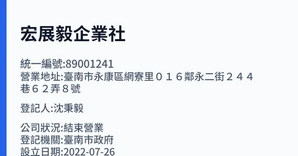 宏展毅企業社的照片-統編 89001241(臺南市) 公司登記資料與營業項目詳細圖表