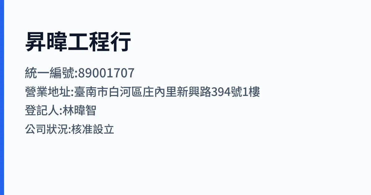 昇暐工程行 - 統編 89001707（臺南市） 公司登記資料與營業項目詳細圖表