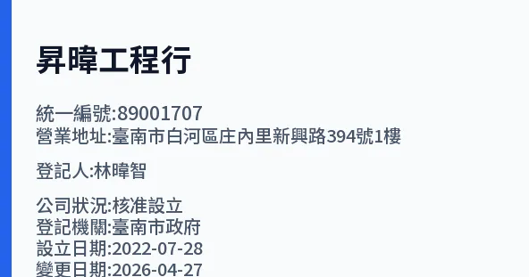 昇暐工程行的照片-統編 89001707(臺南市) 公司登記資料與營業項目詳細圖表