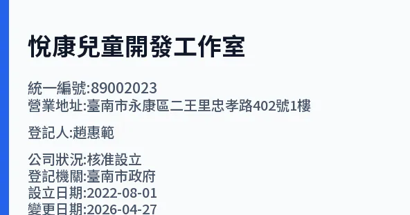 悅康兒童開發工作室的照片-統編 89002023(臺南市) 公司登記資料與營業項目詳細圖表