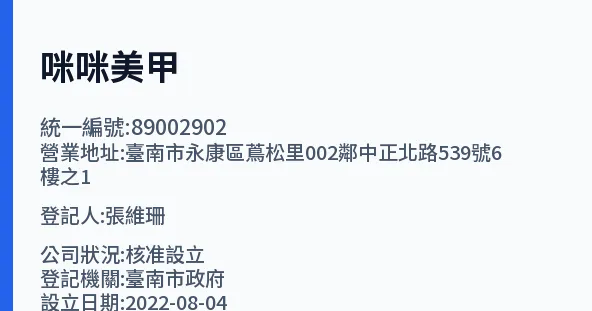 咪咪美甲的照片-統編 89002902(臺南市) 公司登記資料與營業項目詳細圖表