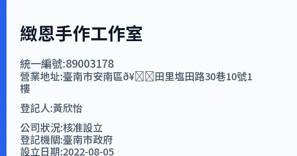 緻恩手作工作室的照片-統編 89003178(臺南市) 公司登記資料與營業項目詳細圖表