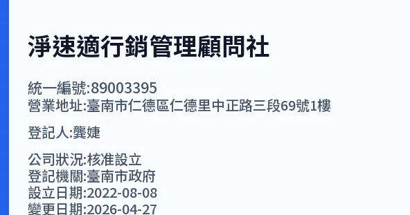 淨速適行銷管理顧問社的照片-統編 89003395(臺南市) 公司登記資料與營業項目詳細圖表