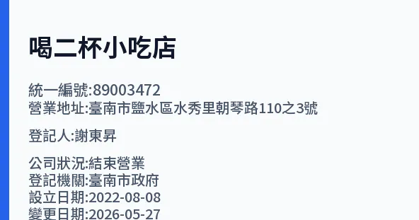 喝二杯小吃店的照片-統編 89003472(臺南市) 公司登記資料與營業項目詳細圖表