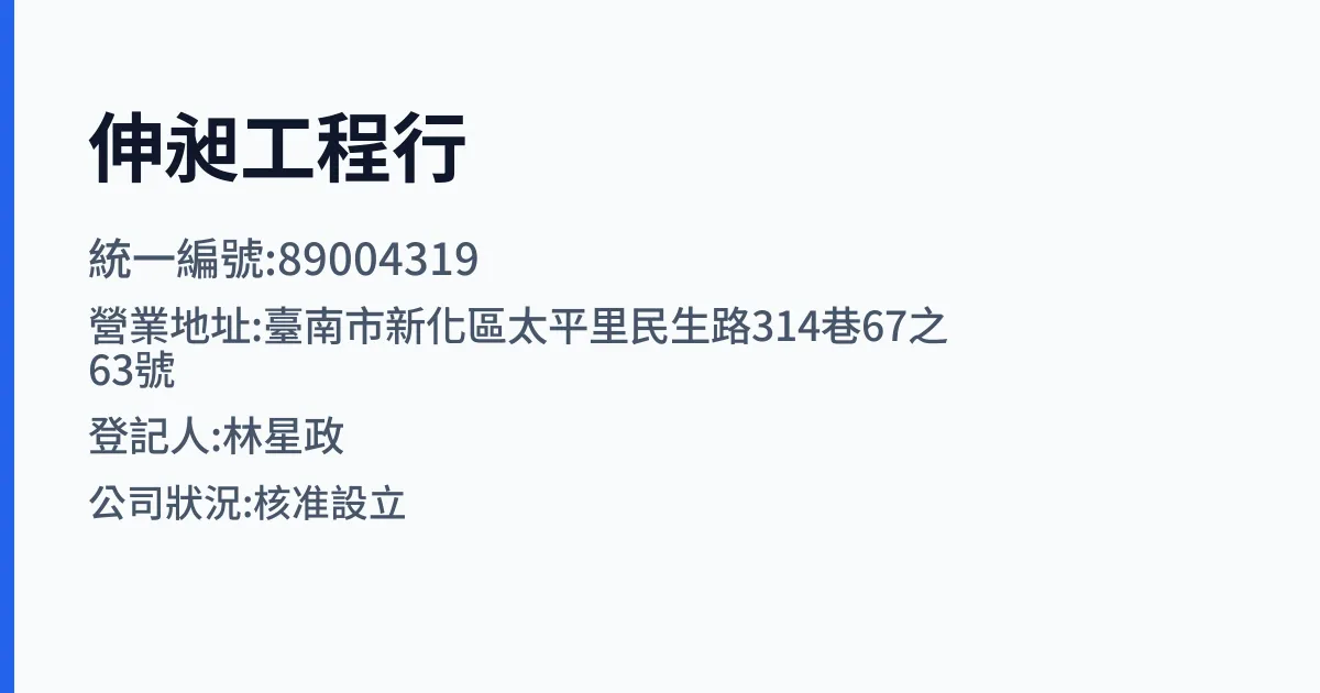 伸昶工程行 - 統編 89004319(臺南市) 公司登記資料與營業項目詳細圖表