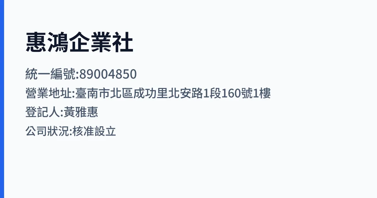 惠鴻企業社 - 統編 89004850(臺南市) 公司登記資料與營業項目詳細圖表