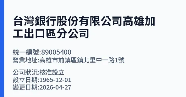 台灣銀行股份有限公司高雄加工出口區分公司的照片-統編 89005400(高雄市) 公司登記資料與營業項目詳細圖表