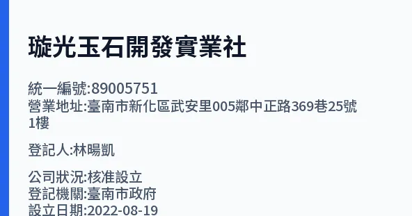 璇光玉石開發實業社的照片-統編 89005751(臺南市) 公司登記資料與營業項目詳細圖表