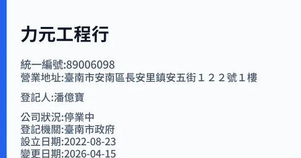 力元工程行的照片-統編 89006098(臺南市) 公司登記資料與營業項目詳細圖表