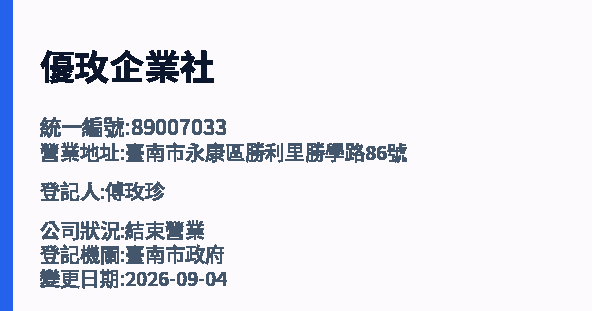 優玫企業社的照片-統編 89007033(臺南市) 公司登記資料與營業項目詳細圖表