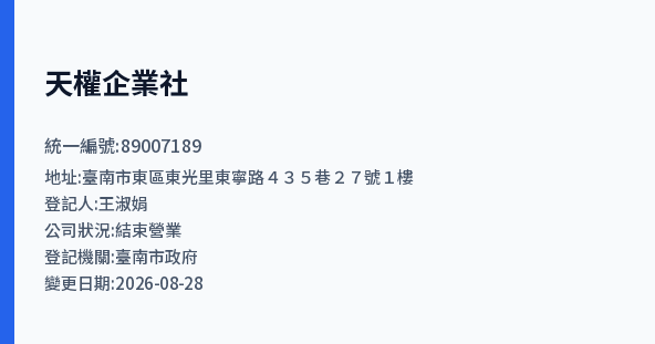 天權企業社的照片-統編 89007189(臺南市) 公司登記資料與營業項目詳細圖表