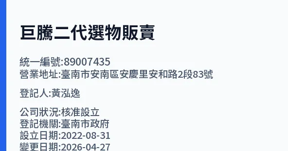 巨騰二代選物販賣的照片-統編 89007435(臺南市) 公司登記資料與營業項目詳細圖表