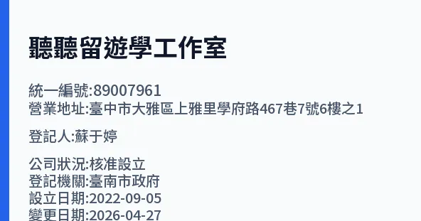 聽聽留遊學工作室的照片-統編 89007961(臺中市) 公司登記資料與營業項目詳細圖表