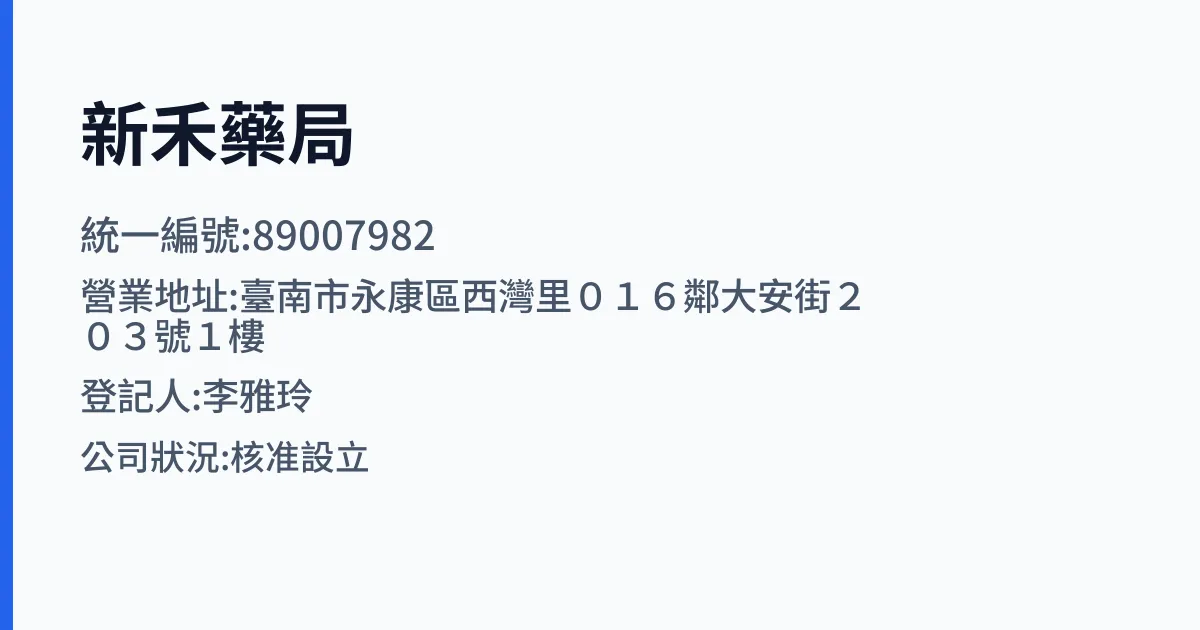 新禾藥局 - 統編 89007982（臺南市） 公司登記資料與營業項目詳細圖表