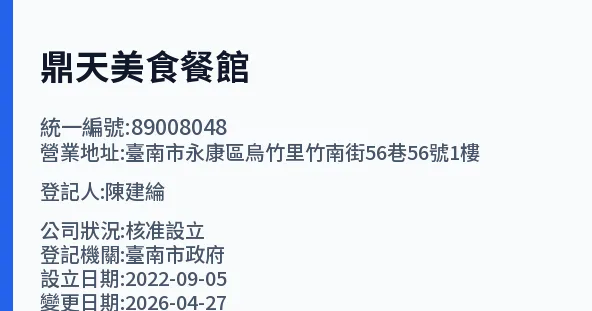 鼎天美食餐館的照片-統編 89008048(臺南市) 公司登記資料與營業項目詳細圖表
