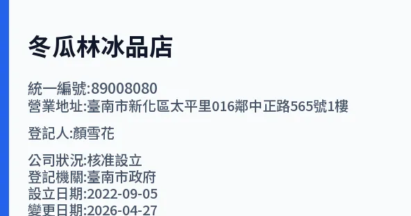 冬瓜林冰品店的照片-統編 89008080(臺南市) 公司登記資料與營業項目詳細圖表