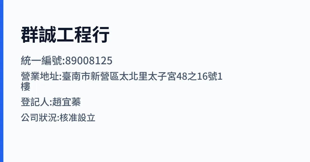 群誠工程行 - 統編 89008125(臺南市) 公司登記資料與營業項目詳細圖表