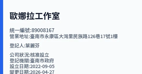 歐娜拉工作室的照片-統編 89008167(臺南市) 公司登記資料與營業項目詳細圖表