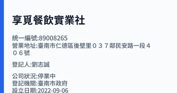 享覓餐飲實業社的照片-統編 89008265(臺南市) 公司登記資料與營業項目詳細圖表